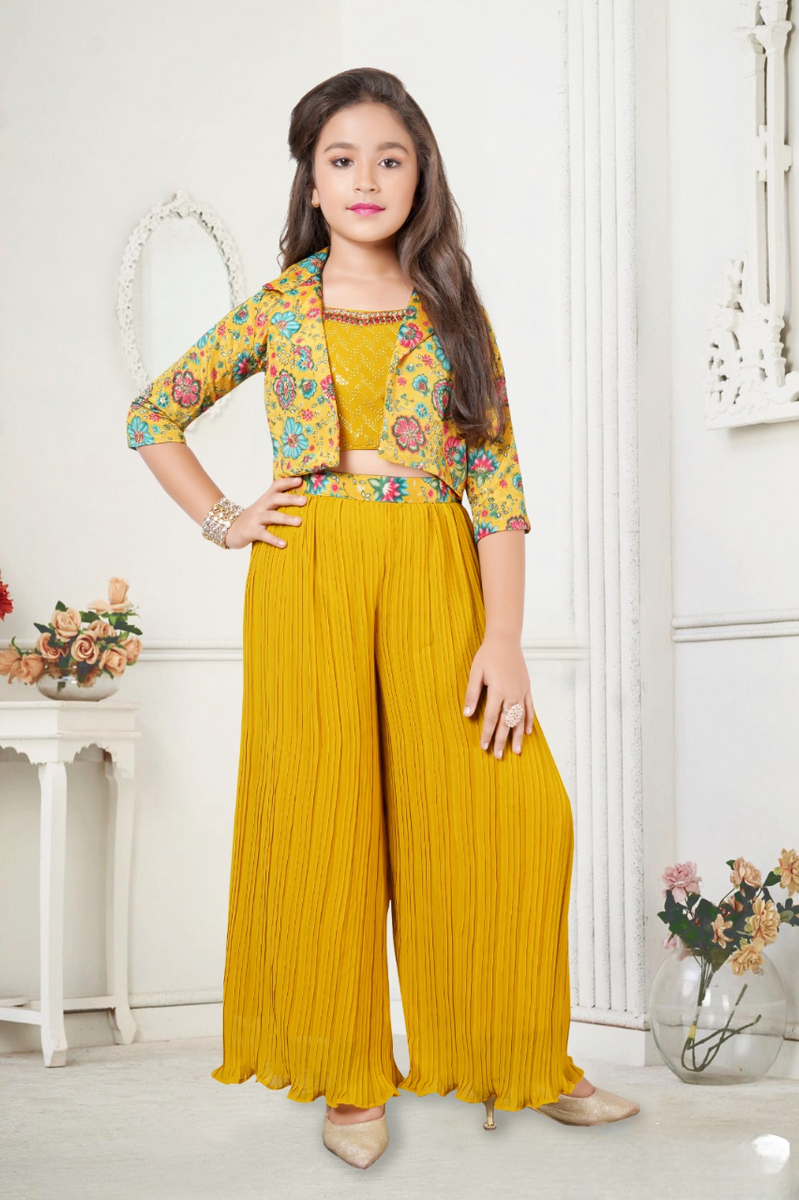 Girls Yellow Fancy Plazo Suit – Half Ticket