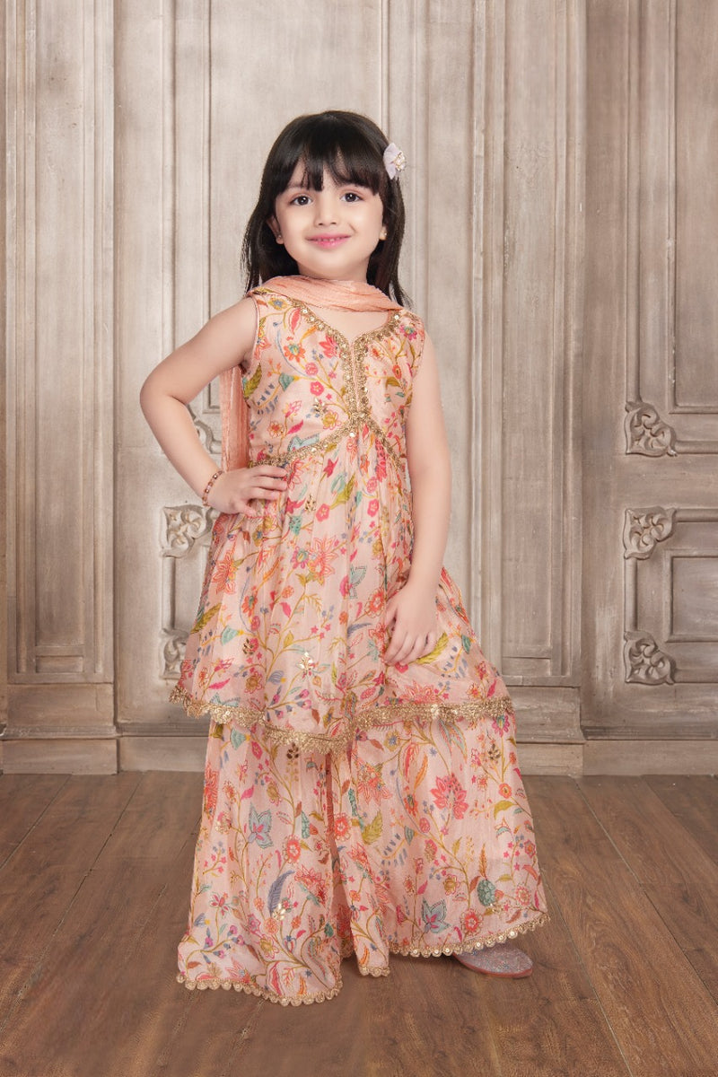 Girls Pink Floral Printed Ethnic Wear Plazo Suit With Dupatta – Half Ticket