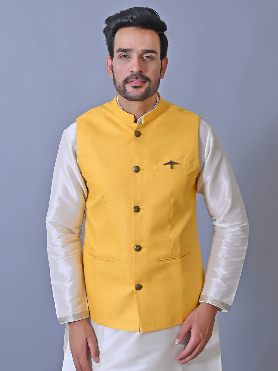 Mens Solid Yellow Nehru Jacket – Half Ticket