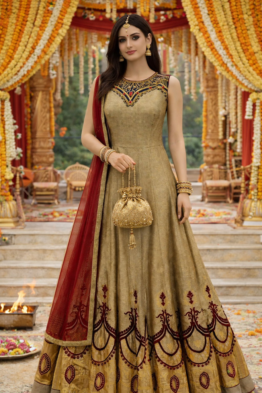 Woman's Beige Embroidered Ethnic Wear Long Anarkali Churidar Set With ...